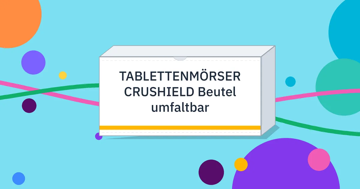 Symbolbild: Packung mit der Aufschrift TABLETTENMÖRSER CRUSHIELD Beutel umfaltbar (PZN 19971769) – Verfügbarkeit und Bezug in Apotheken in Frankfurt am Main