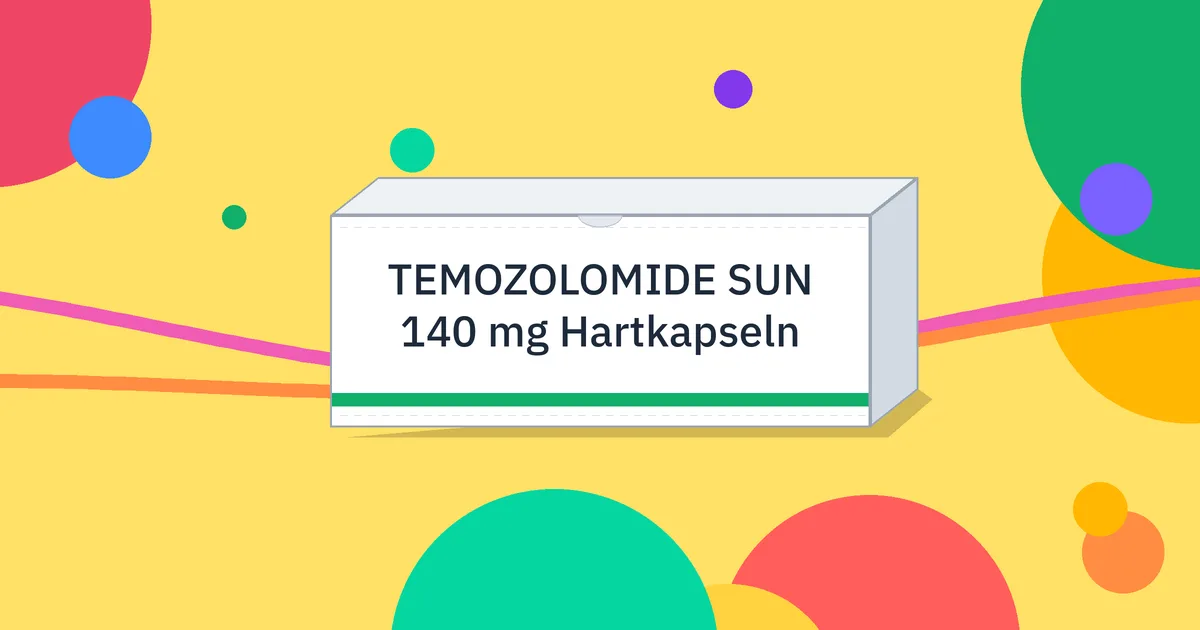 Symbolbild: Packung mit der Aufschrift TEMOZOLOMIDE SUN 140 mg Hartkapseln (PZN 09282017) – Verfügbarkeit und Bezug in Apotheken in Frankfurt am Main