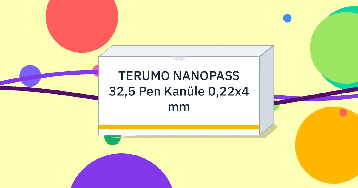 Symbolbild: Packung mit der Aufschrift TERUMO NANOPASS 32,5 Pen Kanüle 0,22x4 mm (PZN 13707221) – Verfügbarkeit und Bezug in Apotheken in Frankfurt am Main