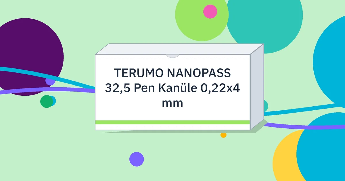 Symbolbild: Packung mit der Aufschrift TERUMO NANOPASS 32,5 Pen Kanüle 0,22x4 mm (PZN 20543292) – Verfügbarkeit und Bezug in Apotheken in Frankfurt am Main