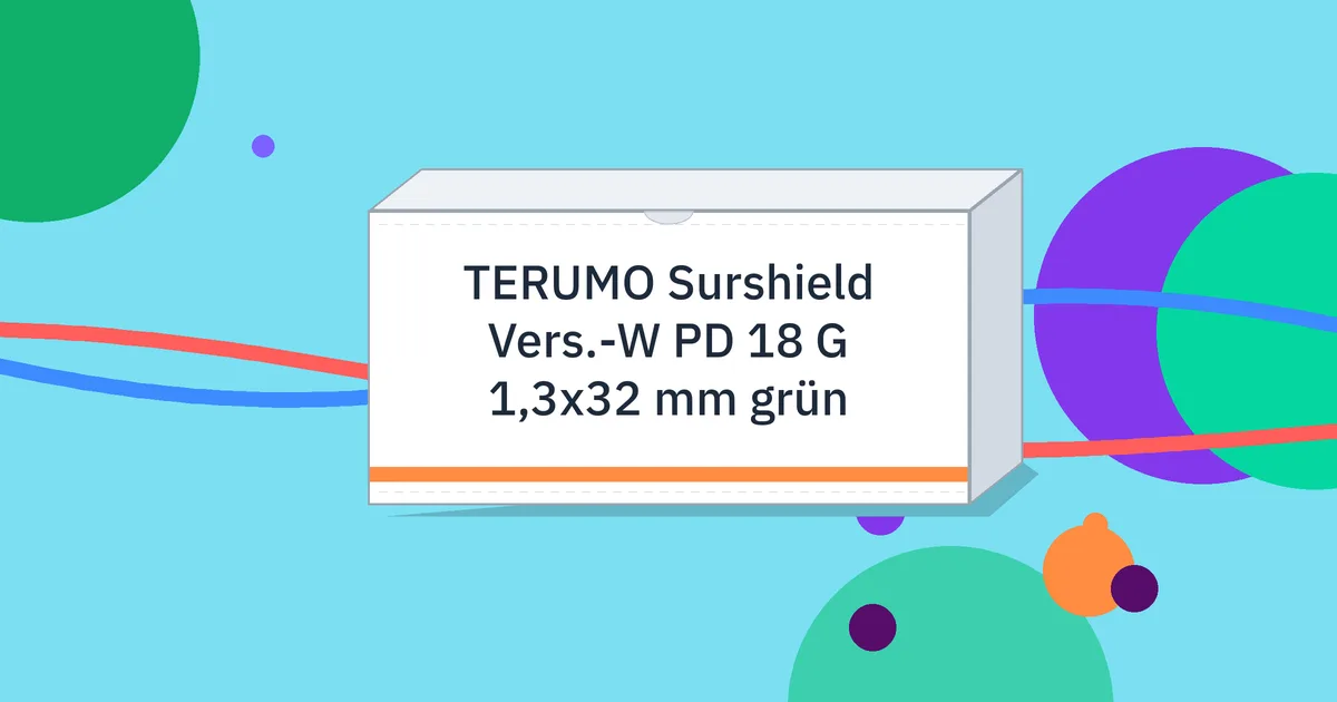 Symbolbild: Packung mit der Aufschrift TERUMO Surshield Vers.-W PD 18 G 1,3x32 mm grün (PZN 17630811) – Verfügbarkeit und Bezug in Apotheken in Frankfurt am Main