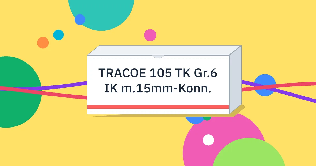 Symbolbild: Packung mit der Aufschrift TRACOE 105 TK Gr.6 IK m.15mm-Konn. (PZN 00912244) – Verfügbarkeit und Bezug in Apotheken in Frankfurt am Main