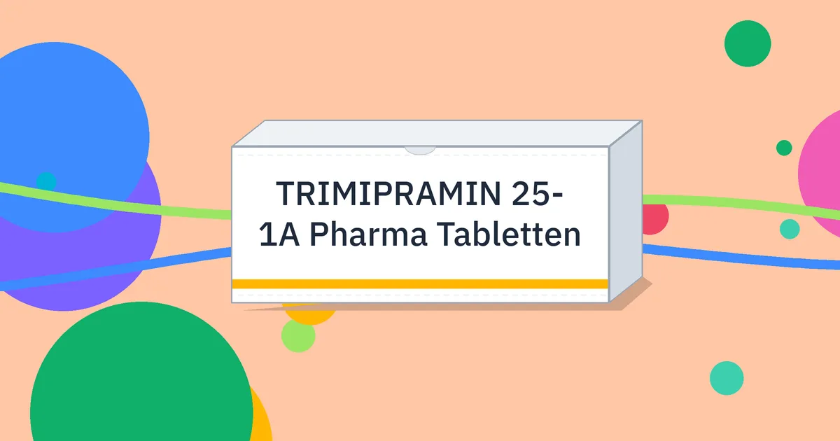 Symbolbild: Packung mit der Aufschrift TRIMIPRAMIN 25-1A Pharma Tabletten (PZN 01664191) – Verfügbarkeit und Bezug in Apotheken in Frankfurt am Main