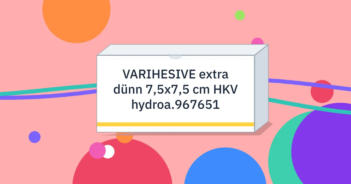 Symbolbild: Packung mit der Aufschrift VARIHESIVE extra dünn 7,5x7,5 cm HKV hydroa.967651 (PZN 10019118) – Verfügbarkeit und Bezug in Apotheken in Frankfurt am Main