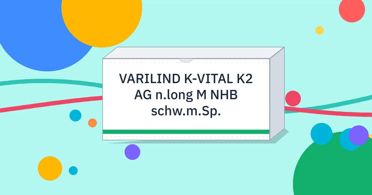 Symbolbild: Packung mit der Aufschrift VARILIND K-VITAL K2 AG n.long M NHB schw.m.Sp. (PZN 20565075) – Verfügbarkeit und Bezug in Apotheken in Frankfurt am Main