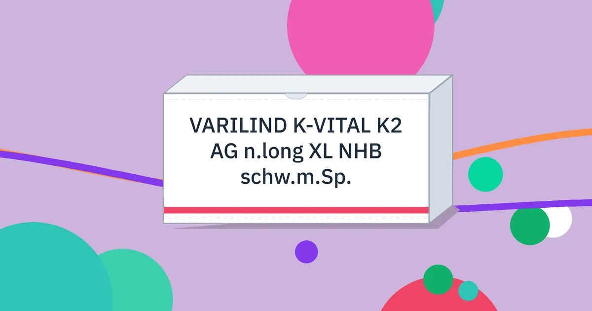 Symbolbild: Packung mit der Aufschrift VARILIND K-VITAL K2 AG n.long XL NHB schw.m.Sp. (PZN 20565098) – Verfügbarkeit und Bezug in Apotheken in Frankfurt am Main