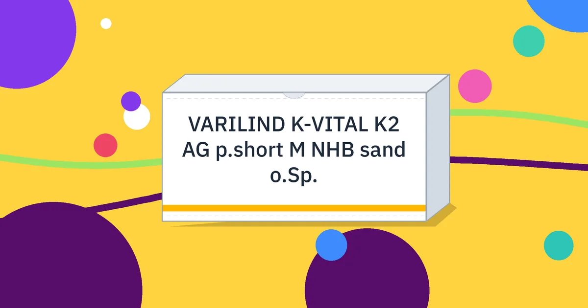 Symbolbild: Packung mit der Aufschrift VARILIND K-VITAL K2 AG p.short M NHB sand o.Sp. (PZN 20564526) – Verfügbarkeit und Bezug in Apotheken in Frankfurt am Main