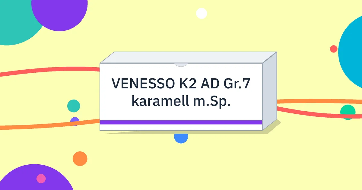Symbolbild: Packung mit der Aufschrift VENESSO K2 AD Gr.7 karamell m.Sp. (PZN 13758106) – Verfügbarkeit und Bezug in Apotheken in Frankfurt am Main