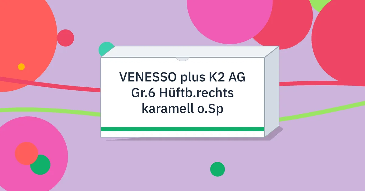 Symbolbild: Packung mit der Aufschrift VENESSO plus K2 AG Gr.6 Hüftb.rechts karamell o.Sp (PZN 13762065) – Verfügbarkeit und Bezug in Apotheken in Frankfurt am Main