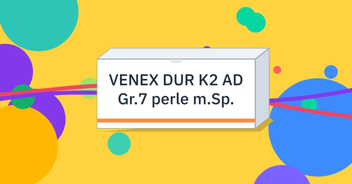 Symbolbild: Packung mit der Aufschrift VENEX DUR K2 AD Gr.7 perle m.Sp. (PZN 03208882) – Verfügbarkeit und Bezug in Apotheken in Frankfurt am Main