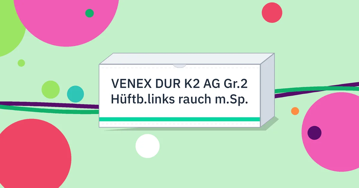 Symbolbild: Packung mit der Aufschrift VENEX DUR K2 AG Gr.2 Hüftb.links rauch m.Sp. (PZN 03225277) – Verfügbarkeit und Bezug in Apotheken in Frankfurt am Main