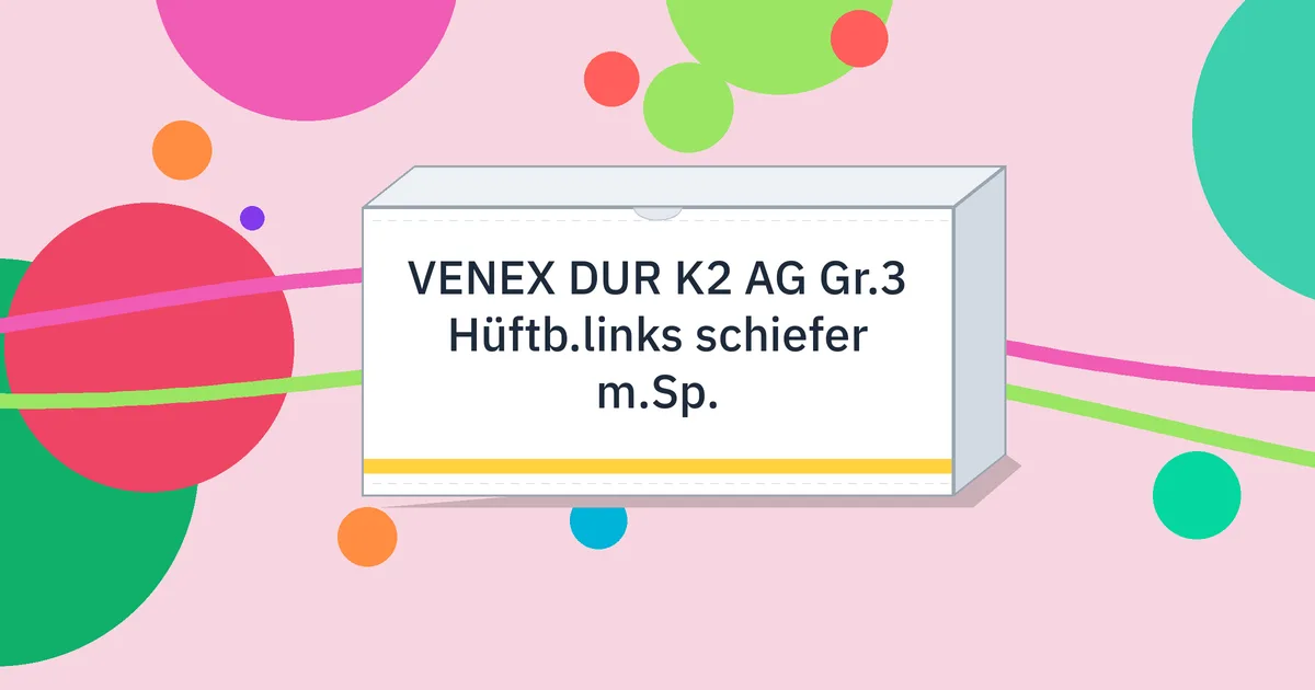 Symbolbild: Packung mit der Aufschrift VENEX DUR K2 AG Gr.3 Hüftb.links schiefer m.Sp. (PZN 03226762) – Verfügbarkeit und Bezug in Apotheken in Frankfurt am Main