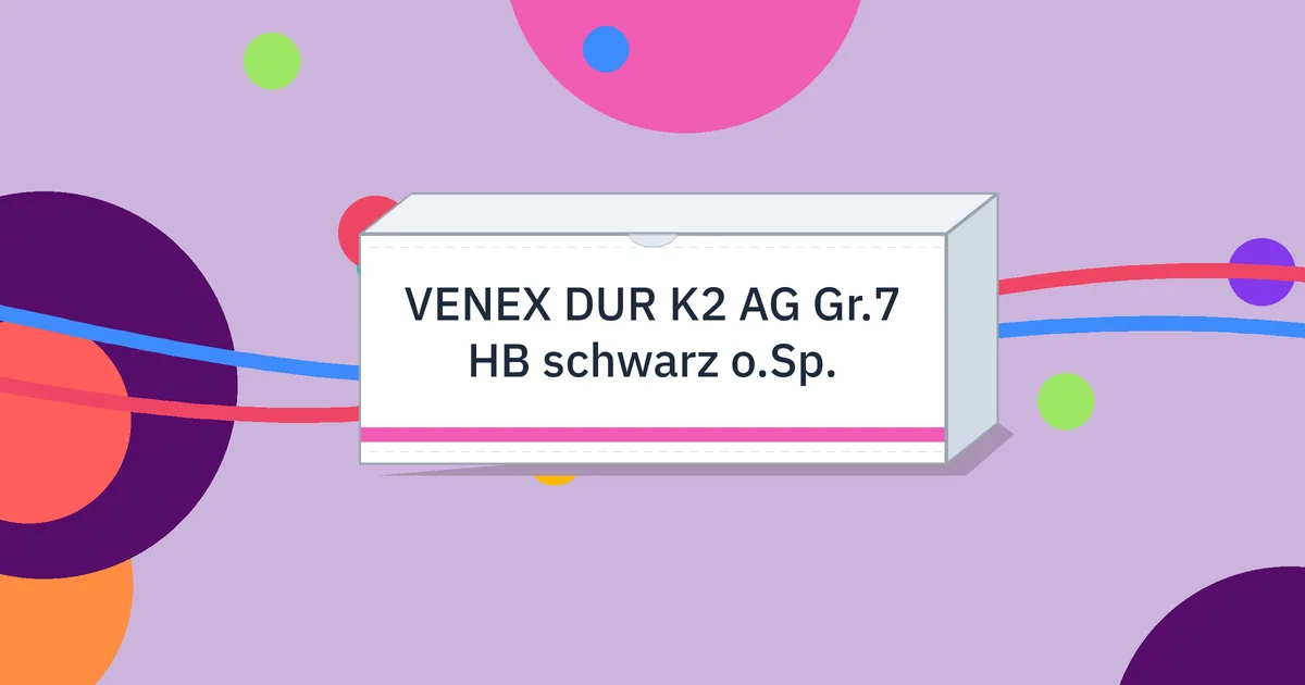Symbolbild: Packung mit der Aufschrift VENEX DUR K2 AG Gr.7 HB schwarz o.Sp. (PZN 03221457) – Verfügbarkeit und Bezug in Apotheken in Frankfurt am Main