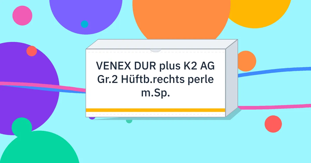 Symbolbild: Packung mit der Aufschrift VENEX DUR plus K2 AG Gr.2 Hüftb.rechts perle m.Sp. (PZN 03237607) – Verfügbarkeit und Bezug in Apotheken in Frankfurt am Main