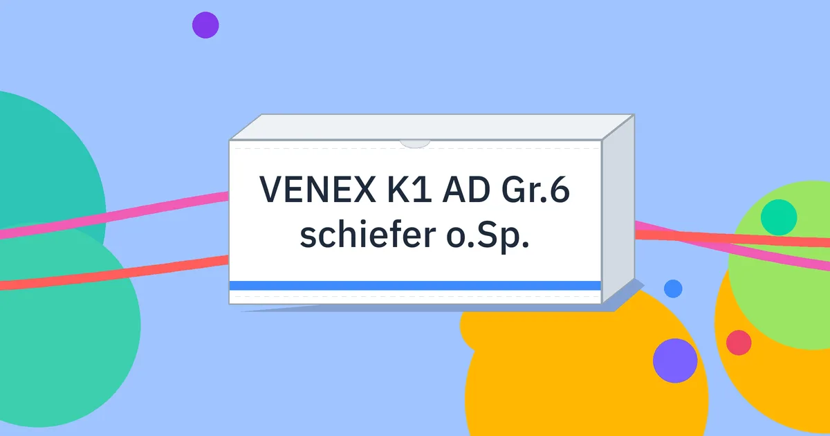 Symbolbild: Packung mit der Aufschrift VENEX K1 AD Gr.6 schiefer o.Sp. (PZN 03185997) – Verfügbarkeit und Bezug in Apotheken in Frankfurt am Main