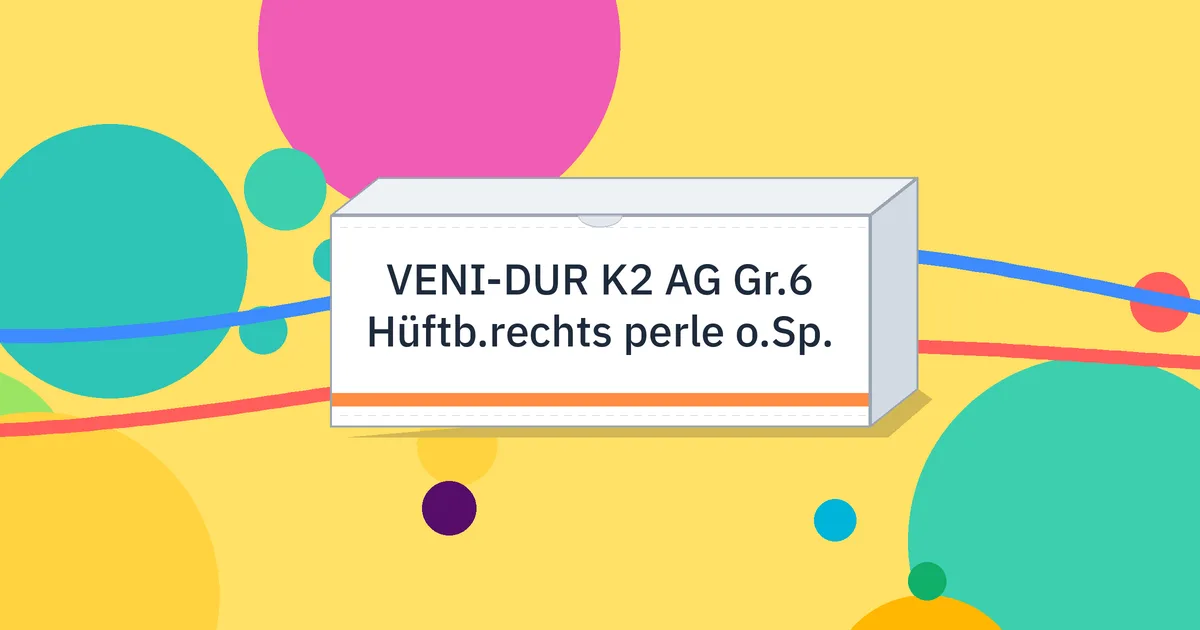 Symbolbild: Packung mit der Aufschrift VENI-DUR K2 AG Gr.6 Hüftb.rechts perle o.Sp. (PZN 03252966) – Verfügbarkeit und Bezug in Apotheken in Frankfurt am Main