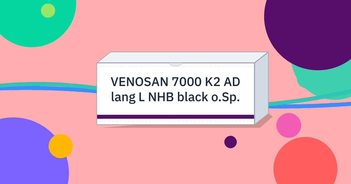 Symbolbild: Packung mit der Aufschrift VENOSAN 7000 K2 AD lang L NHB black o.Sp. (PZN 14435701) – Verfügbarkeit und Bezug in Apotheken in Frankfurt am Main