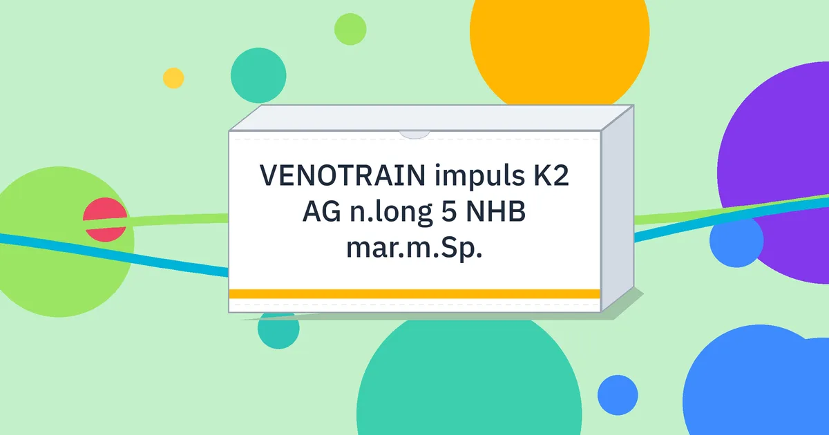 Symbolbild: Packung mit der Aufschrift VENOTRAIN impuls K2 AG n.long 5 NHB mar.m.Sp. (PZN 15214149) – Verfügbarkeit und Bezug in Apotheken in Frankfurt am Main