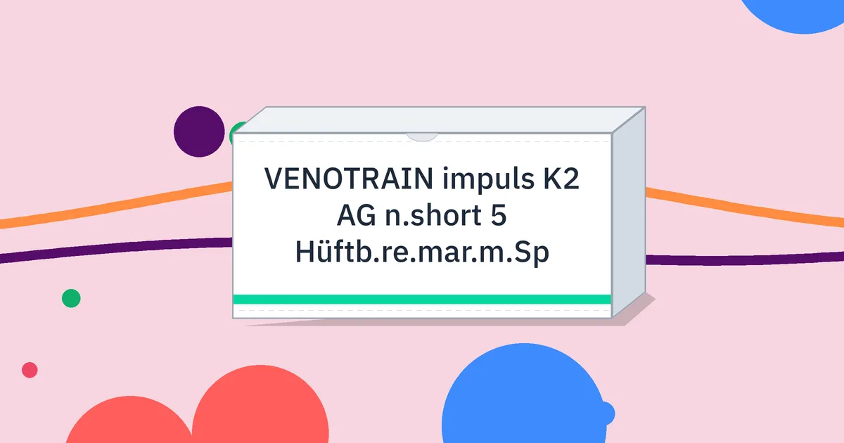Symbolbild: Packung mit der Aufschrift VENOTRAIN impuls K2 AG n.short 5 Hüftb.re.mar.m.Sp (PZN 15216415) – Verfügbarkeit und Bezug in Apotheken in Frankfurt am Main