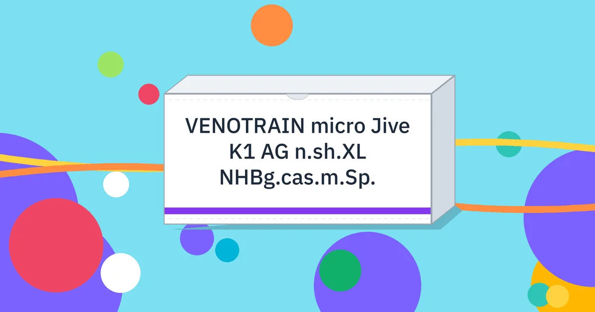 Symbolbild: Packung mit der Aufschrift VENOTRAIN micro Jive K1 AG n.sh.XL NHBg.cas.m.Sp. (PZN 20766678) – Verfügbarkeit und Bezug in Apotheken in Frankfurt am Main