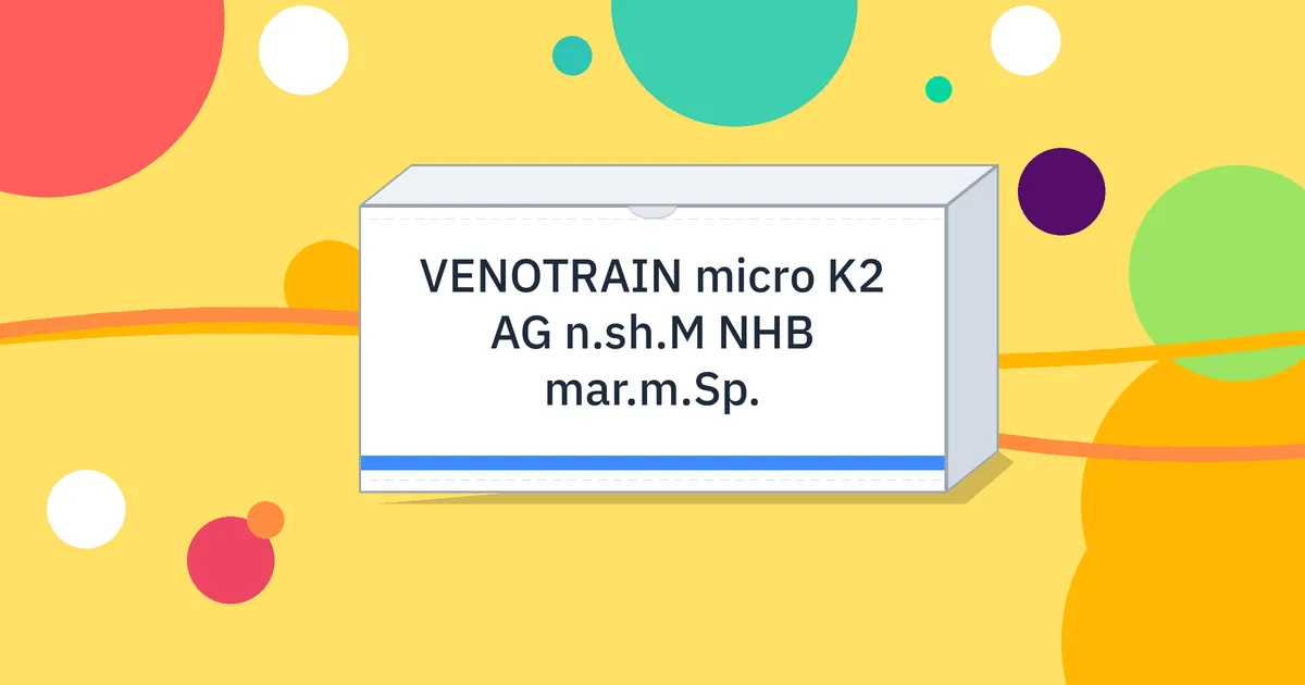 Symbolbild: Packung mit der Aufschrift VENOTRAIN micro K2 AG n.sh.M NHB mar.m.Sp. (PZN 06699260) – Verfügbarkeit und Bezug in Apotheken in Frankfurt am Main