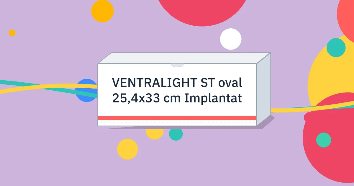 Symbolbild: Packung mit der Aufschrift VENTRALIGHT ST oval 25,4x33 cm Implantat (PZN 09067566) – Verfügbarkeit und Bezug in Apotheken in Frankfurt am Main