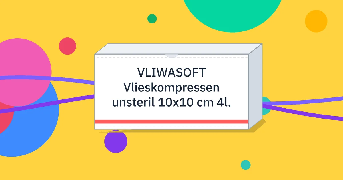 Symbolbild: Packung mit der Aufschrift VLIWASOFT Vlieskompressen unsteril 10x10 cm 4l. (PZN 18037386) – Verfügbarkeit und Bezug in Apotheken in Frankfurt am Main
