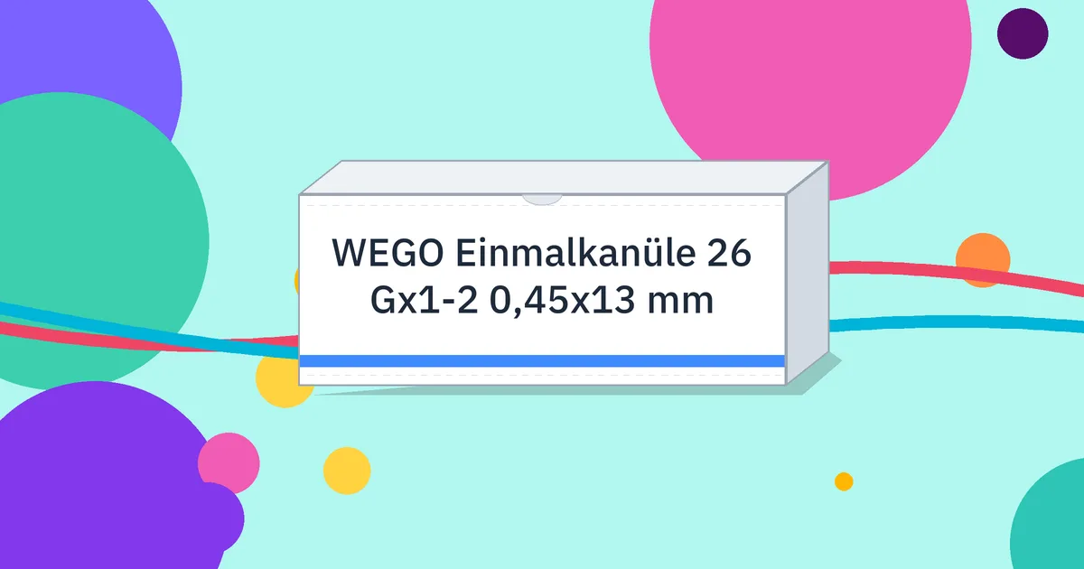 Symbolbild: Packung mit der Aufschrift WEGO Einmalkanüle 26 Gx1-2 0,45x13 mm (PZN 18859763) – Verfügbarkeit und Bezug in Apotheken in Frankfurt am Main