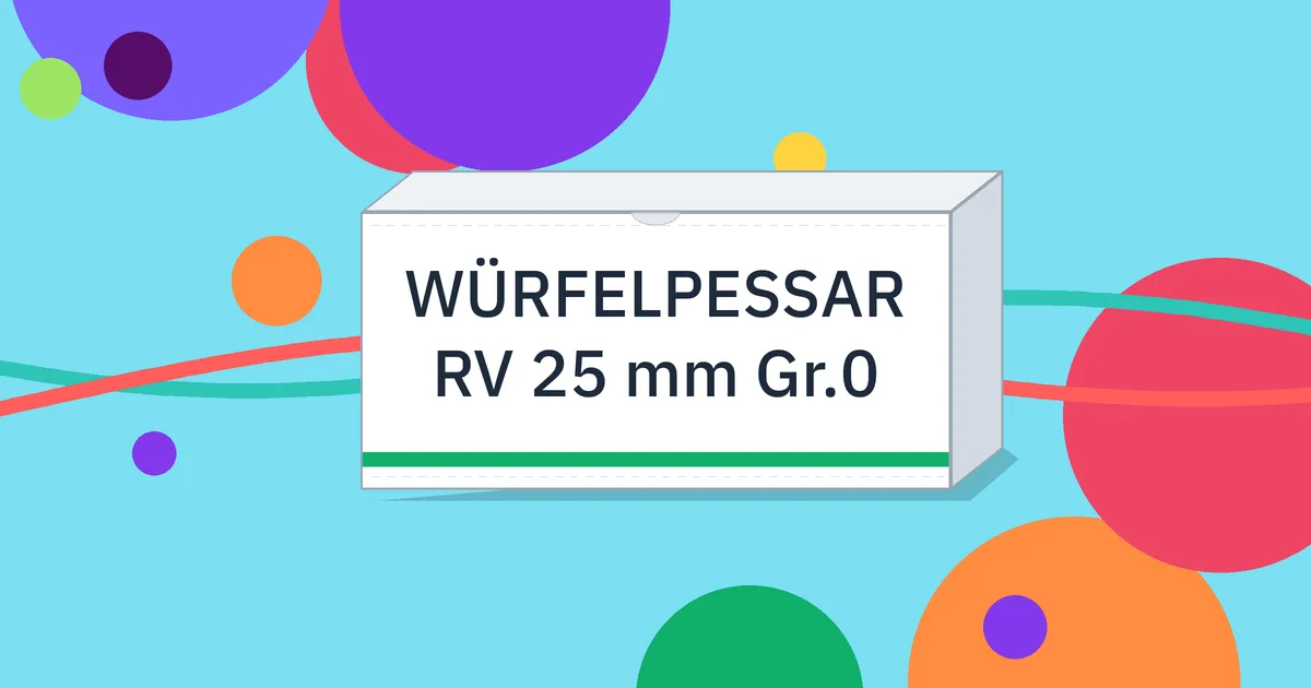 Symbolbild: Packung mit der Aufschrift WÜRFELPESSAR RV 25 mm Gr.0 (PZN 07286152) – Verfügbarkeit und Bezug in Apotheken in Frankfurt am Main
