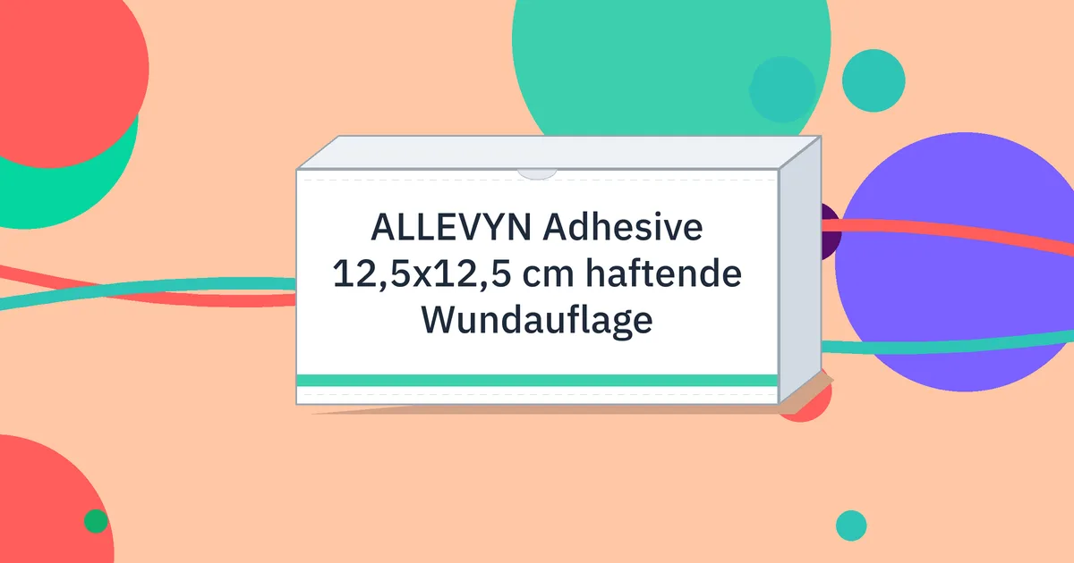 Symbolbild: Packung mit der Aufschrift ALLEVYN Adhesive 12,5x12,5 cm haftende Wundauflage (PZN 11229786) – Verfügbarkeit und Bezug in Apotheken in Frankfurt am Main