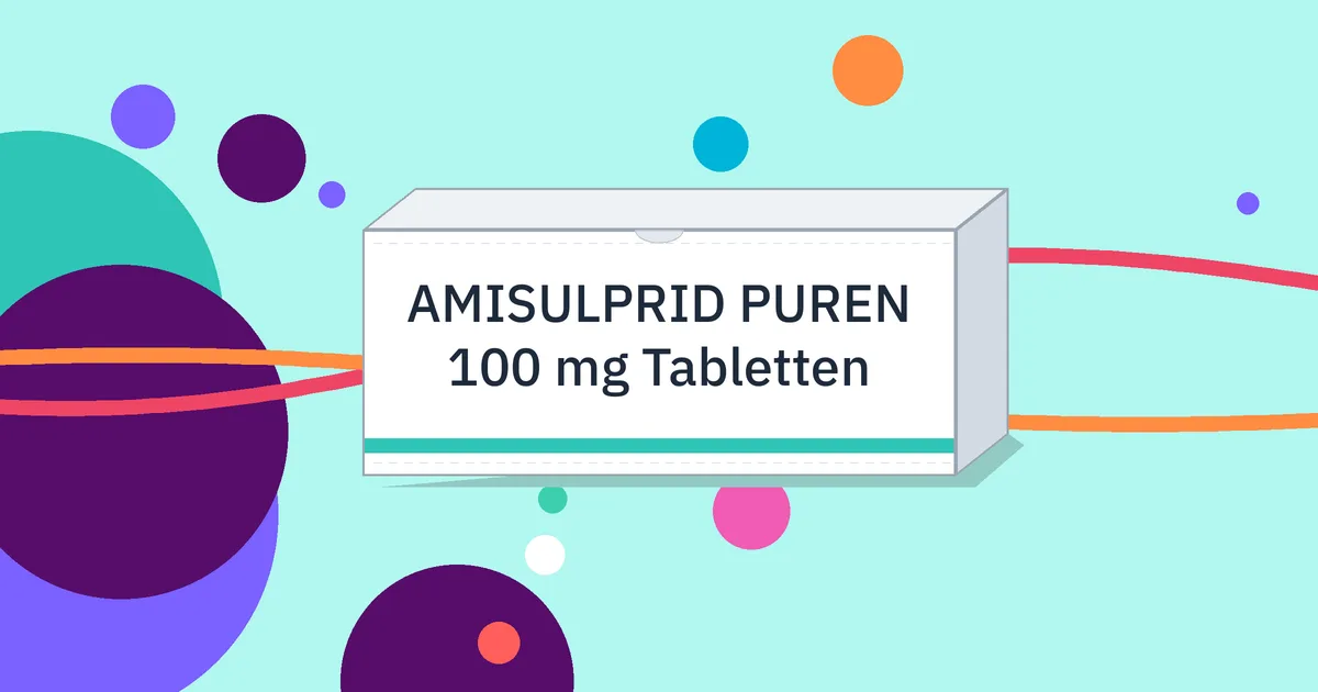 Symbolbild: Packung mit der Aufschrift AMISULPRID PUREN 100 mg Tabletten (PZN 13655458) – Verfügbarkeit und Bezug in Apotheken in Frankfurt am Main