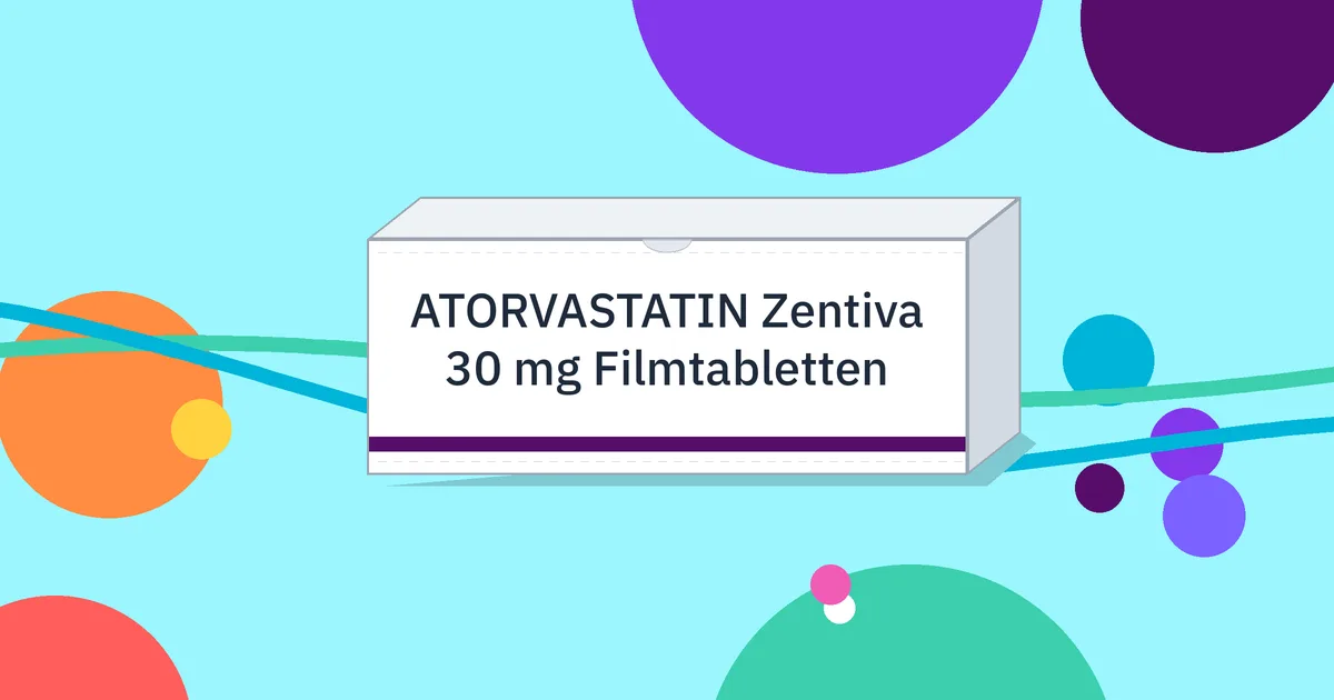 Symbolbild: Packung mit der Aufschrift ATORVASTATIN Zentiva 30 mg Filmtabletten (PZN 15784390) – Verfügbarkeit und Bezug in Apotheken in Frankfurt am Main