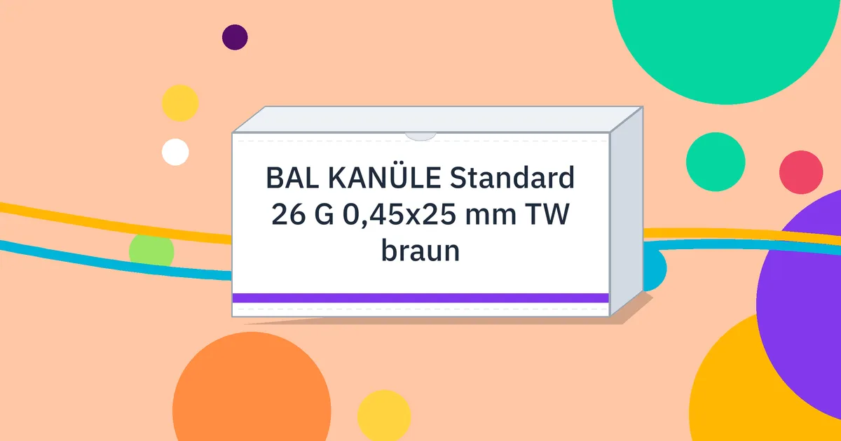 Symbolbild: Packung mit der Aufschrift BAL KANÜLE Standard 26 G 0,45x25 mm TW braun (PZN 19124271) – Verfügbarkeit und Bezug in Apotheken in Frankfurt am Main