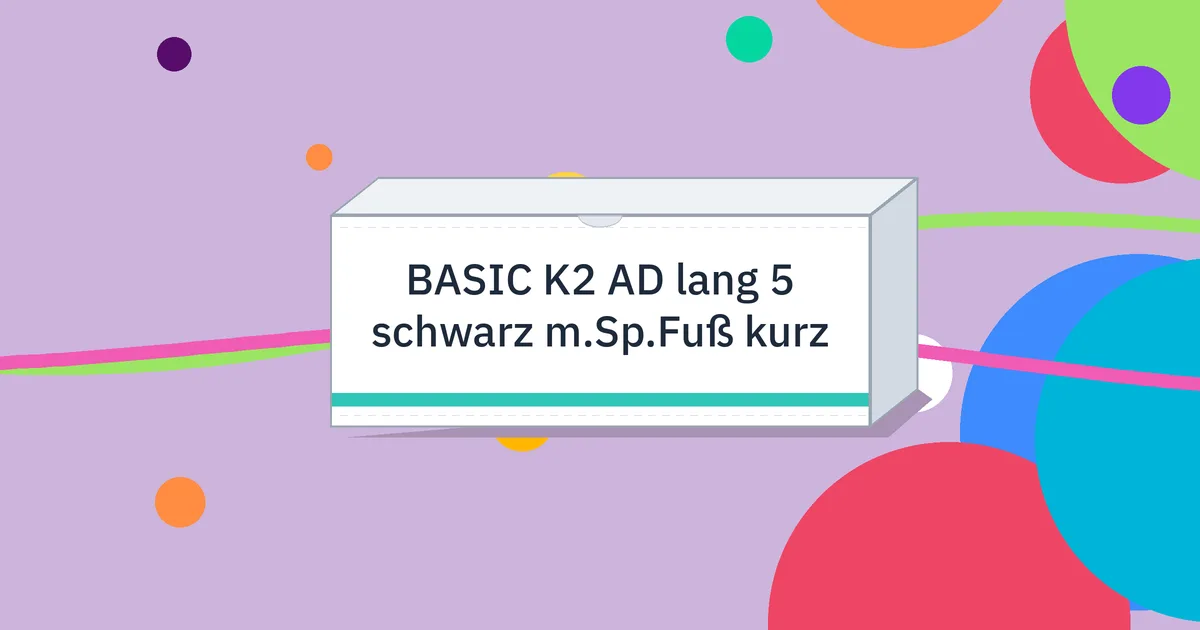 Symbolbild: Packung mit der Aufschrift BASIC K2 AD lang 5 schwarz m.Sp.Fuß kurz (PZN 20265166) – Verfügbarkeit und Bezug in Apotheken in Frankfurt am Main