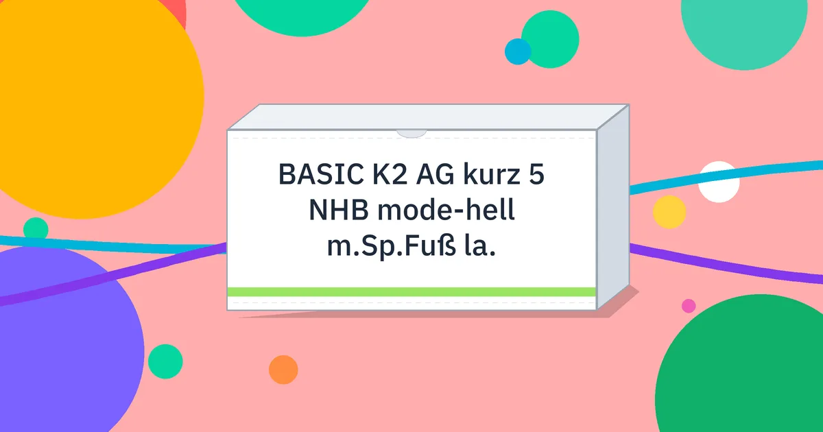 Symbolbild: Packung mit der Aufschrift BASIC K2 AG kurz 5 NHB mode-hell m.Sp.Fuß la. (PZN 20268012) – Verfügbarkeit und Bezug in Apotheken in Frankfurt am Main