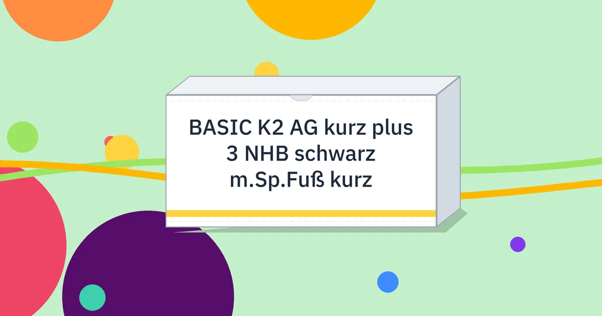 Symbolbild: Packung mit der Aufschrift BASIC K2 AG kurz plus 3 NHB schwarz m.Sp.Fuß kurz (PZN 20267053) – Verfügbarkeit und Bezug in Apotheken in Frankfurt am Main
