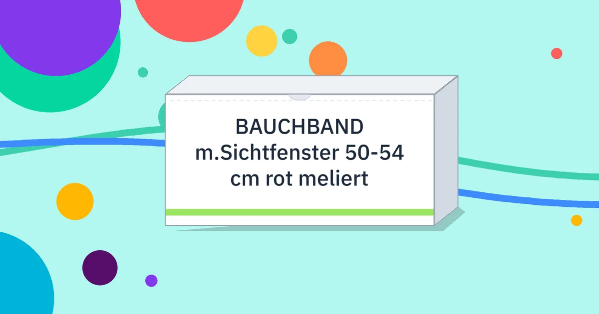 Symbolbild: Packung mit der Aufschrift BAUCHBAND m.Sichtfenster 50-54 cm rot meliert (PZN 13917125) – Verfügbarkeit und Bezug in Apotheken in Frankfurt am Main