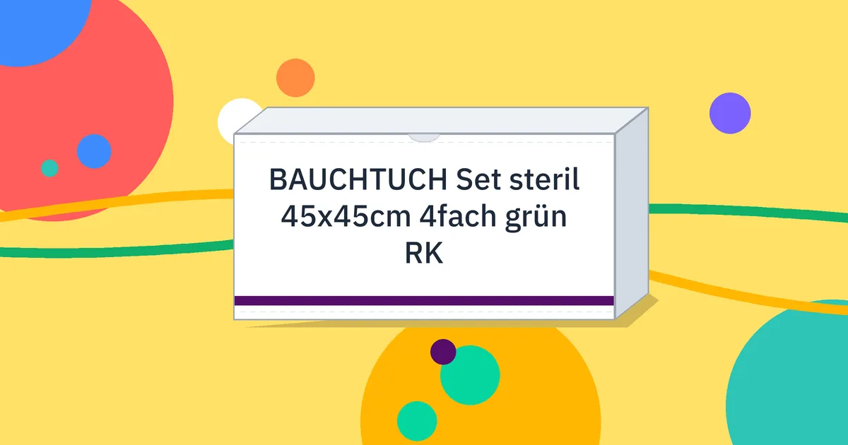 Symbolbild: Packung mit der Aufschrift BAUCHTUCH Set steril 45x45cm 4fach grün RK (PZN 05018312) – Verfügbarkeit und Bezug in Apotheken in Frankfurt am Main