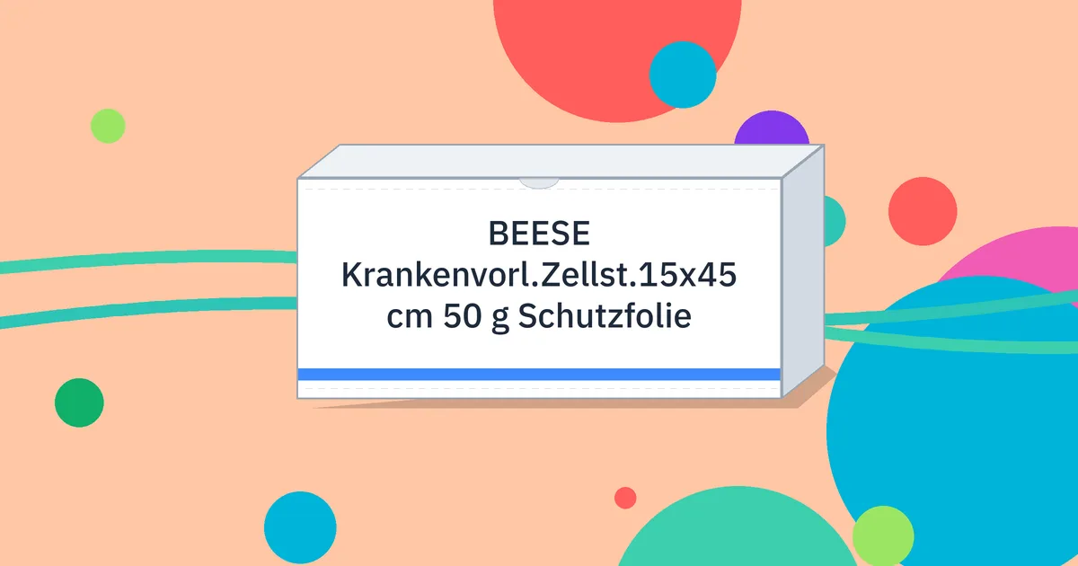 Symbolbild: Packung mit der Aufschrift BEESE Krankenvorl.Zellst.15x45 cm 50 g Schutzfolie (PZN 02214165) – Verfügbarkeit und Bezug in Apotheken in Frankfurt am Main