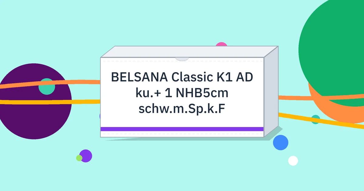 Symbolbild: Packung mit der Aufschrift BELSANA Classic K1 AD ku.+ 1 NHB5cm schw.m.Sp.k.F (PZN 19254200) – Verfügbarkeit und Bezug in Apotheken in Frankfurt am Main