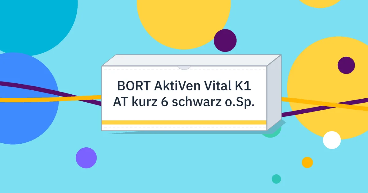 Symbolbild: Packung mit der Aufschrift BORT AktiVen Vital K1 AT kurz 6 schwarz o.Sp. (PZN 13739787) – Verfügbarkeit und Bezug in Apotheken in Frankfurt am Main