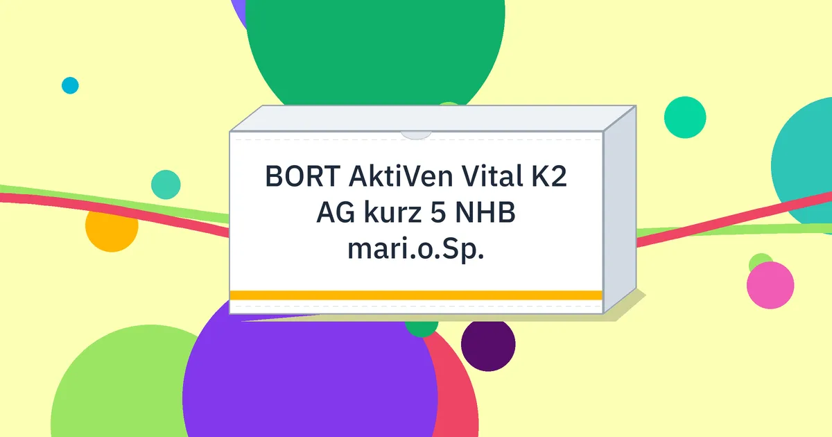 Symbolbild: Packung mit der Aufschrift BORT AktiVen Vital K2 AG kurz 5 NHB mari.o.Sp. (PZN 13732897) – Verfügbarkeit und Bezug in Apotheken in Frankfurt am Main
