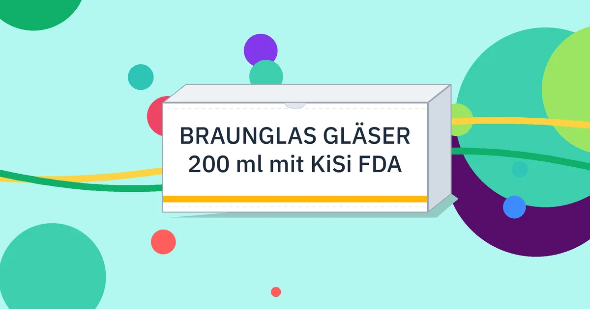 Symbolbild: Packung mit der Aufschrift BRAUNGLAS GLÄSER 200 ml mit KiSi FDA (PZN 18848794) – Verfügbarkeit und Bezug in Apotheken in Frankfurt am Main
