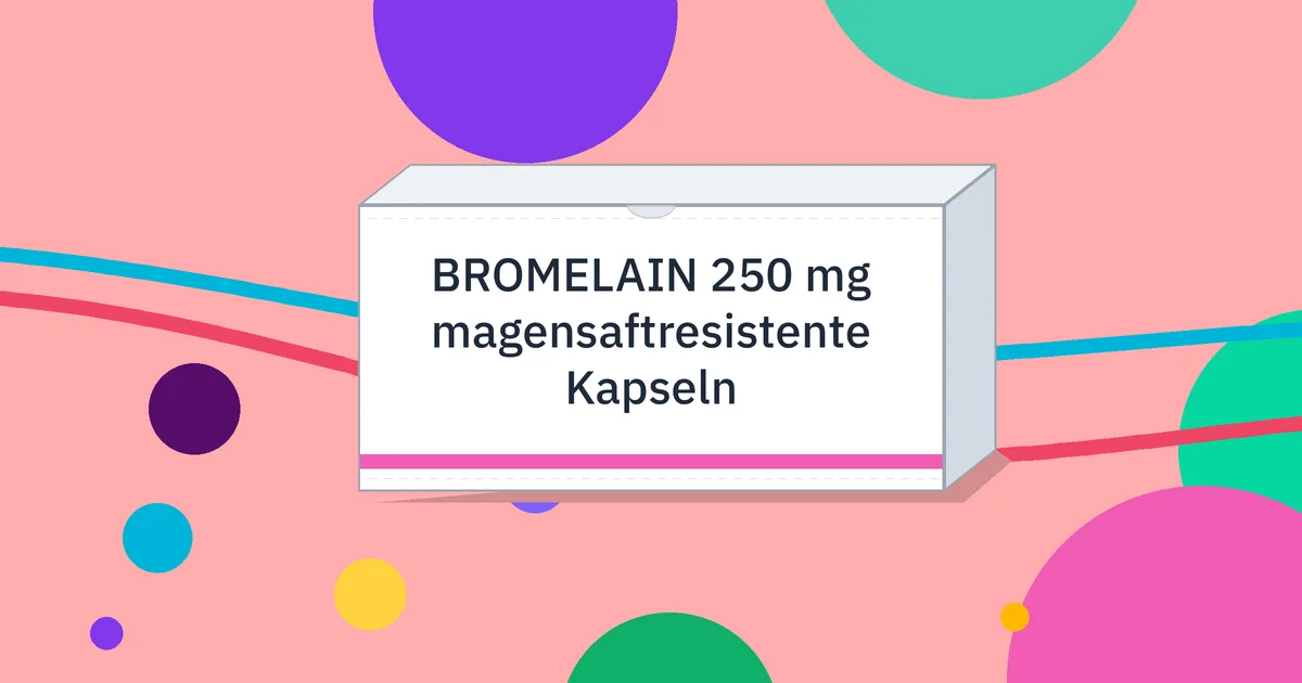 Symbolbild: Packung mit der Aufschrift BROMELAIN 250 mg magensaftresistente Kapseln (PZN 11376317) – Verfügbarkeit und Bezug in Apotheken in Frankfurt am Main