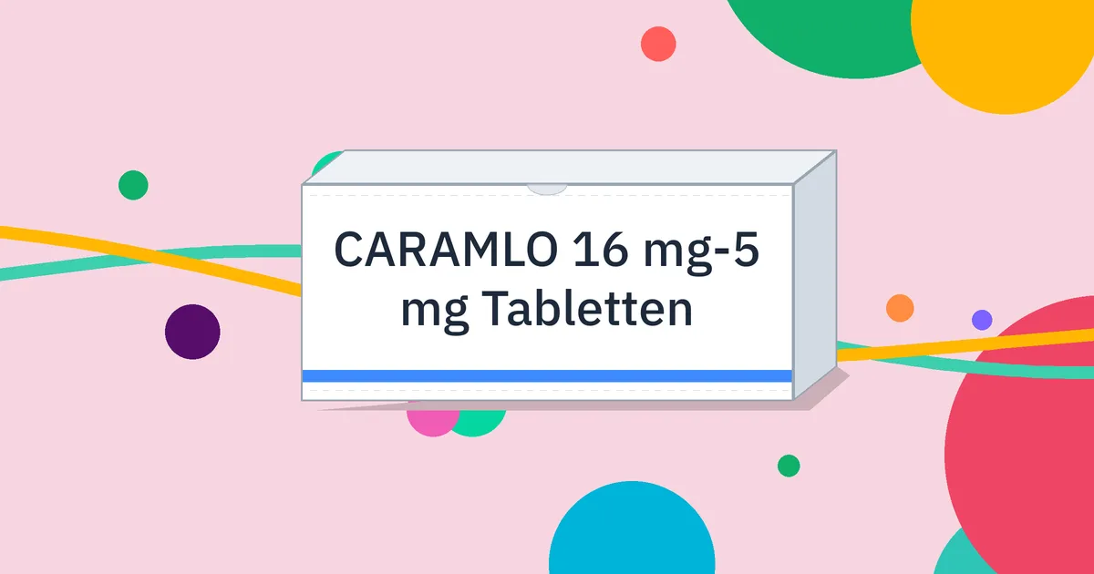 Symbolbild: Packung mit der Aufschrift CARAMLO 16 mg-5 mg Tabletten (PZN 19782063) – Verfügbarkeit und Bezug in Apotheken in Frankfurt am Main