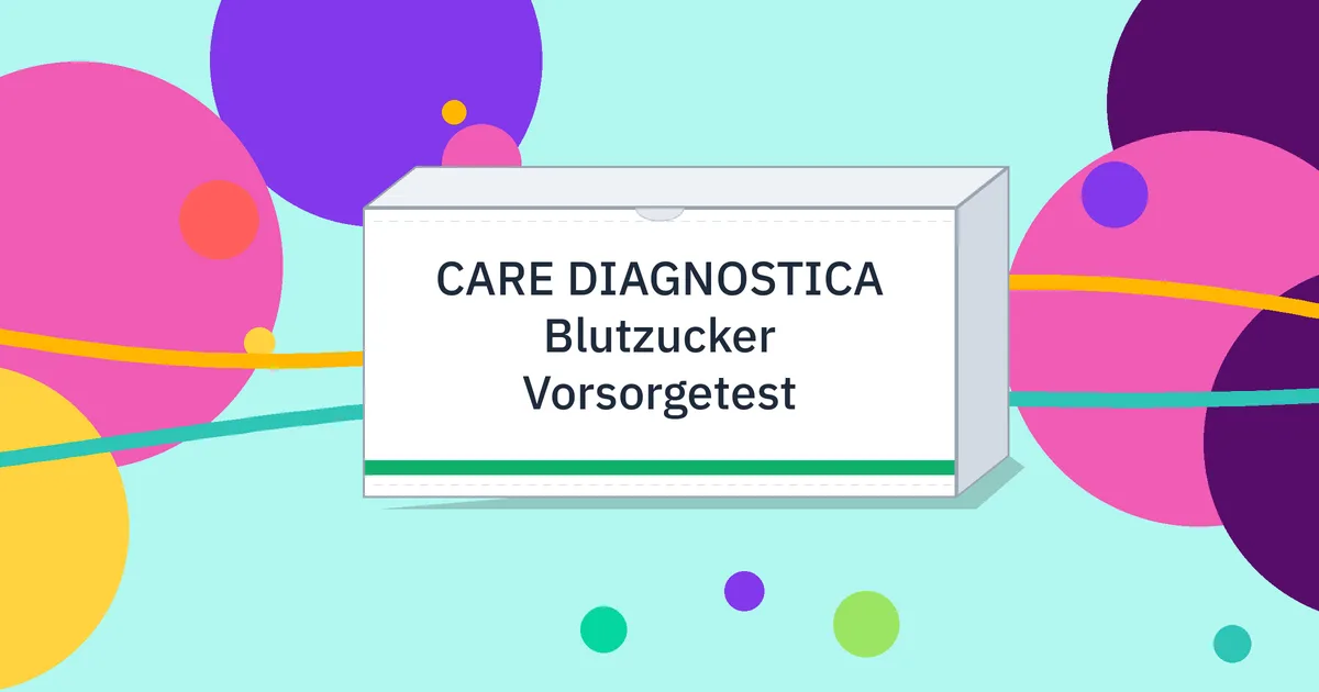 Symbolbild: Packung mit der Aufschrift CARE DIAGNOSTICA Blutzucker Vorsorgetest (PZN 02577241) – Verfügbarkeit und Bezug in Apotheken in Frankfurt am Main