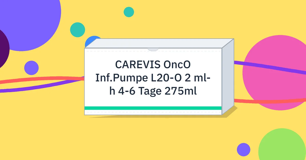Symbolbild: Packung mit der Aufschrift CAREVIS OncO Inf.Pumpe L20-O 2 ml-h 4-6 Tage 275ml (PZN 17397792) – Verfügbarkeit und Bezug in Apotheken in Frankfurt am Main