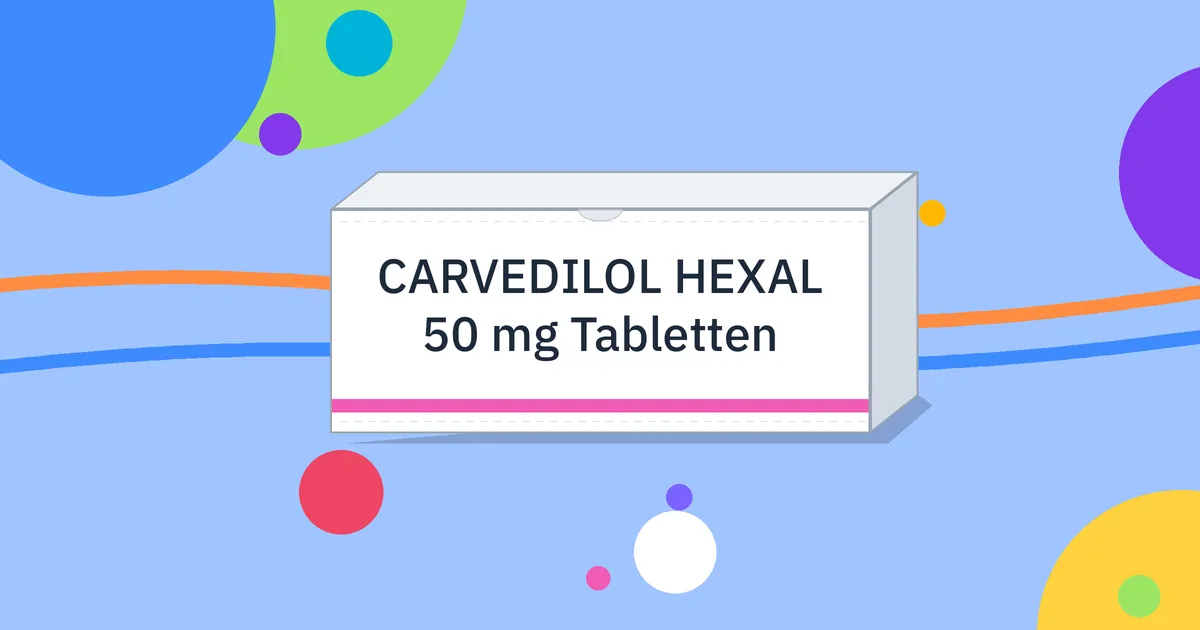 Symbolbild: Packung mit der Aufschrift CARVEDILOL HEXAL 50 mg Tabletten (PZN 02226990) – Verfügbarkeit und Bezug in Apotheken in Frankfurt am Main