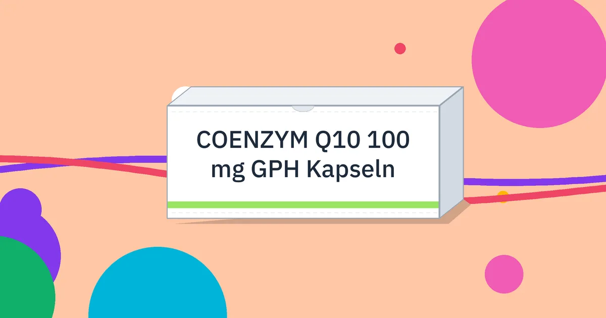 Symbolbild: Packung mit der Aufschrift COENZYM Q10 100 mg GPH Kapseln (PZN 01551268) – Verfügbarkeit und Bezug in Apotheken in Frankfurt am Main