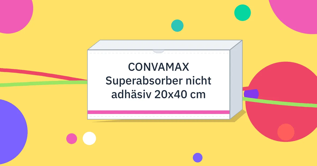 Symbolbild: Packung mit der Aufschrift CONVAMAX Superabsorber nicht adhäsiv 20x40 cm (PZN 19975106) – Verfügbarkeit und Bezug in Apotheken in Frankfurt am Main